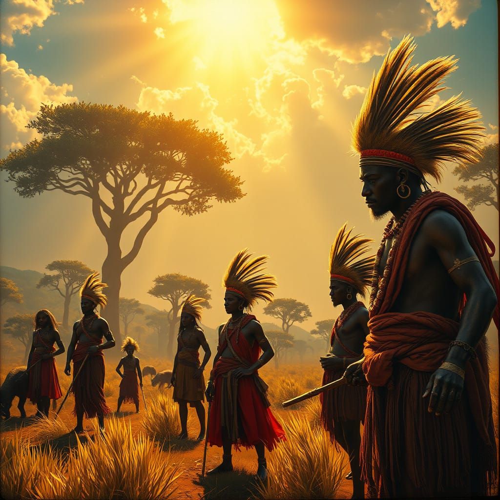 Oil painting , Ancient african tribe, sunlight