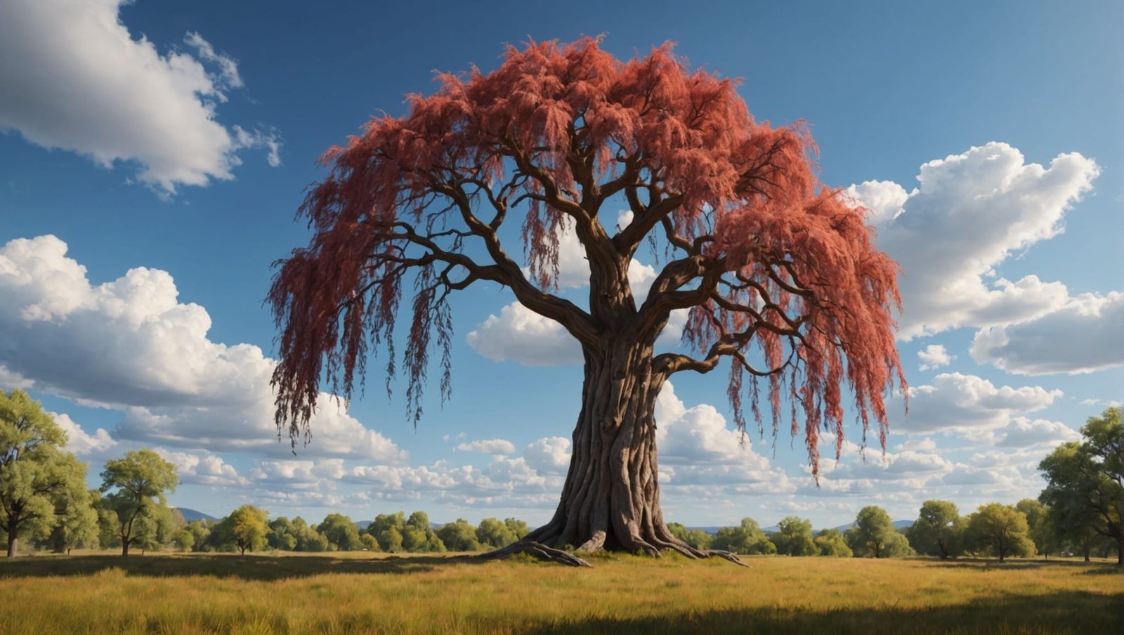 far up sky view of a giant hyperrealistic red willow tree that reaches ...