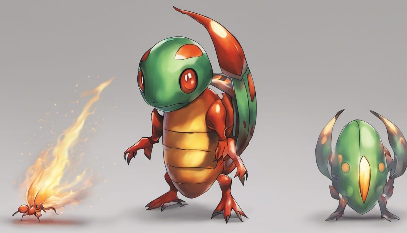 Fire, bug type pokemon with green eyes with boosters, with flames ...