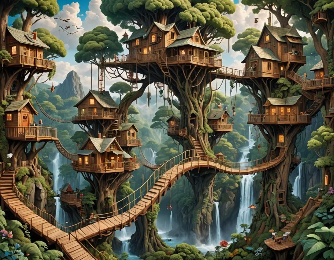 Modern Treehouse village - AI Generated Artwork - NightCafe Creator