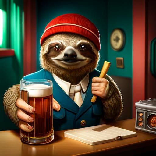 The cute sloth hipster drinking beer photorealistic intricately ...