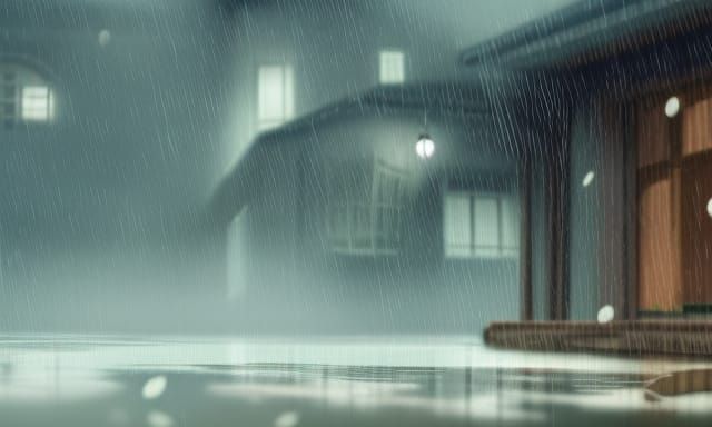 Worms-eyeview of Rain drops falling into puddles in a dojo courtyard ...