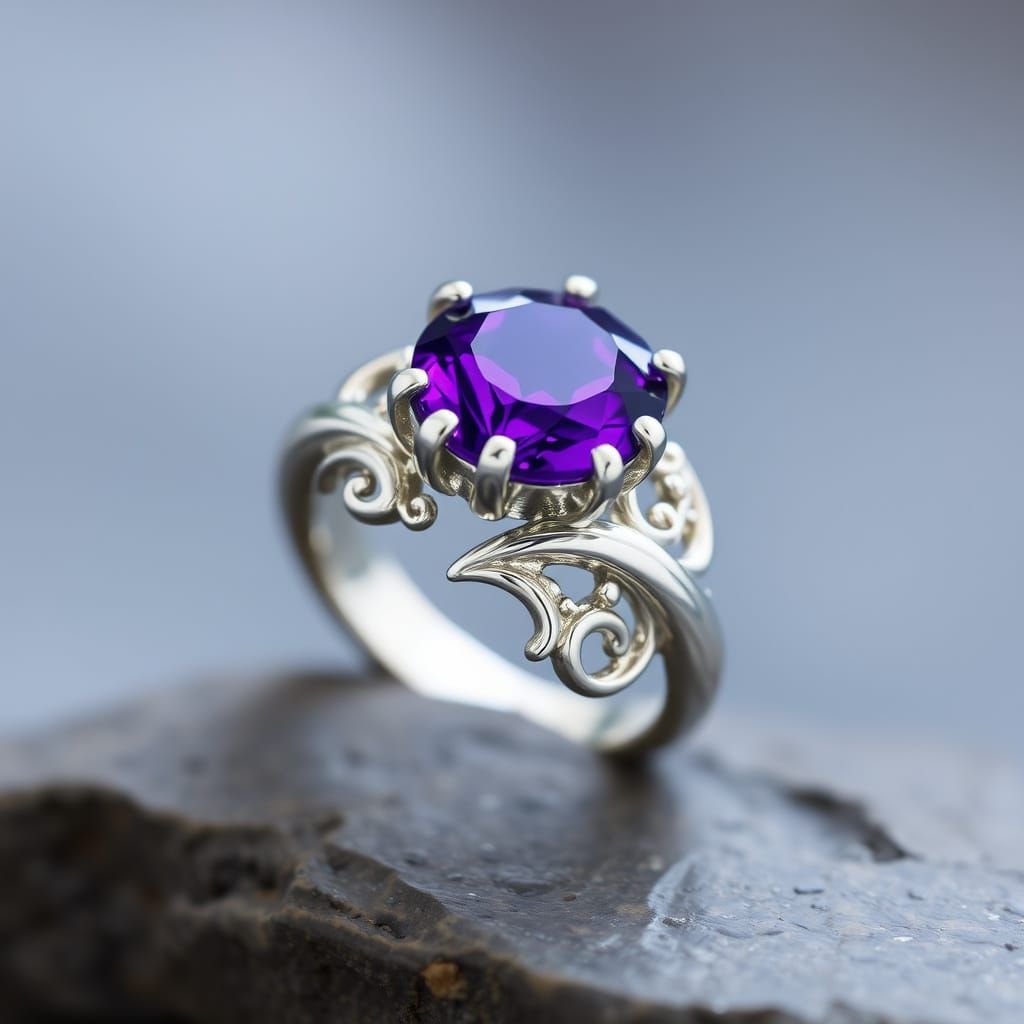 A purple gemstone and silver ring, featuring a siren-inspired design ...