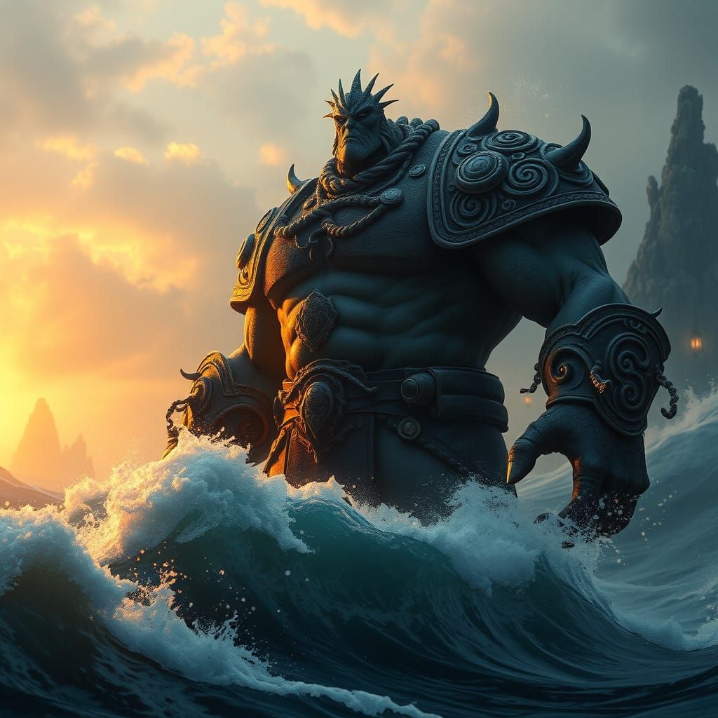 Cyclopean Oceanic Guardian in Dark Armor - AI Art