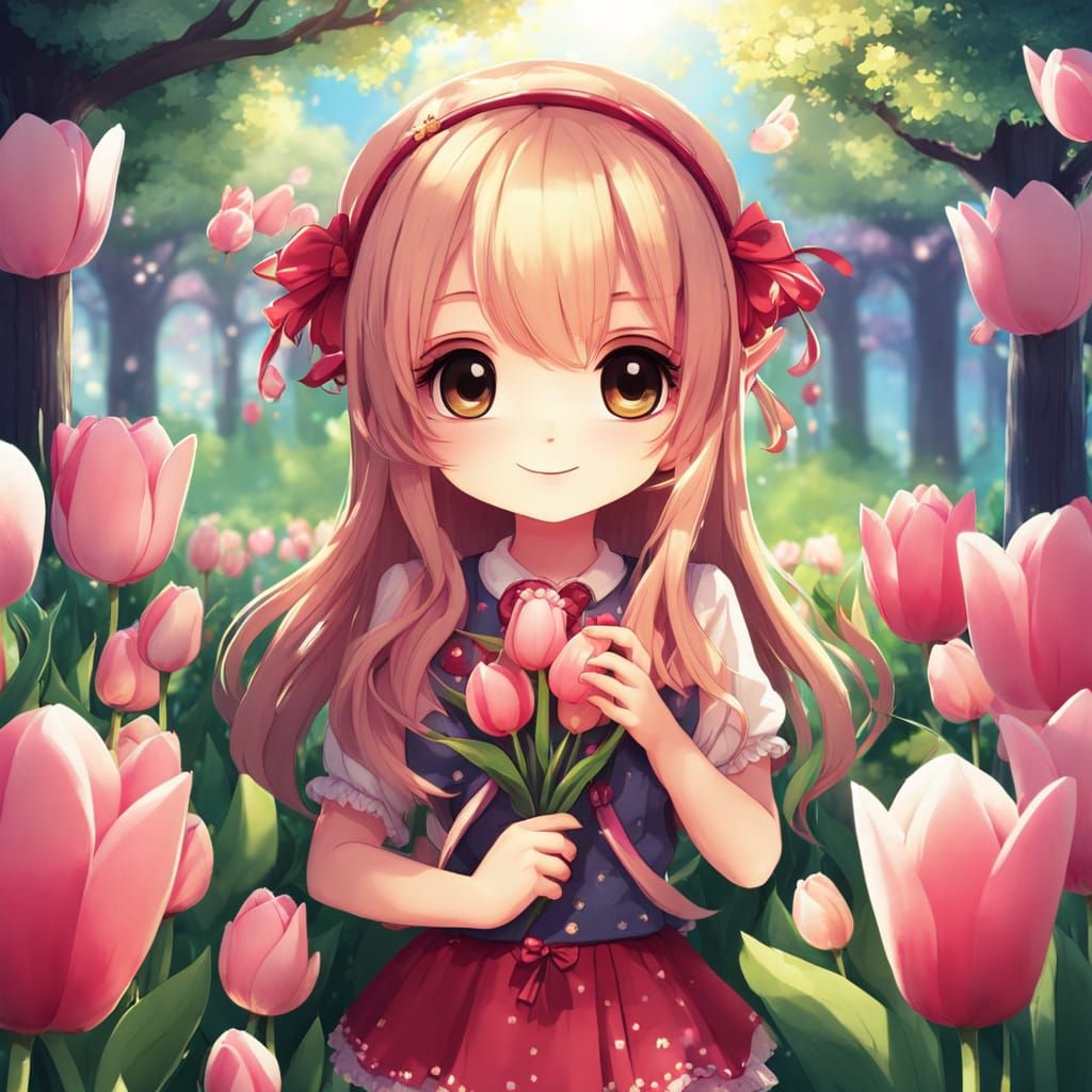 Joy! - Chibi Girl Surrounded by Cherry Blossoms and Tulips i...