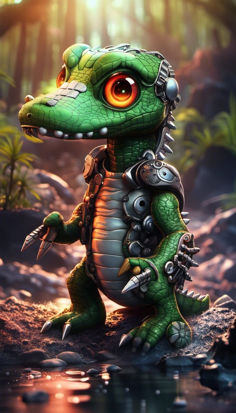 Super Cute Baby Chibi Terminator Alligator cyborg, with Huge glowing ...