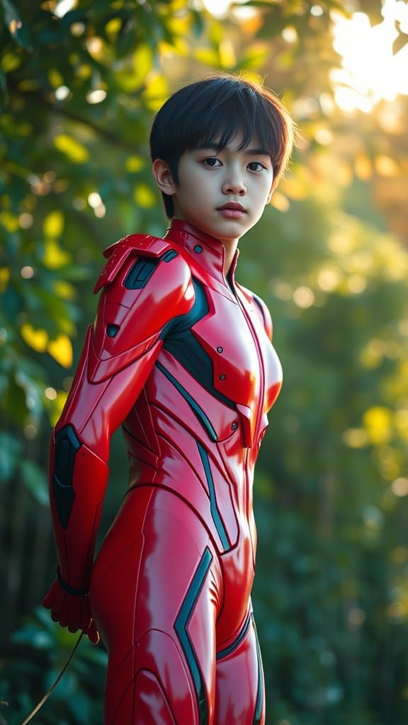 Evangelion, boy wearing Asuka's female red plug suit, full body