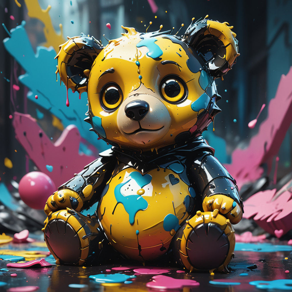 Whimsical Goth Teddy Bear in Muted Yellow and Blac... - AI Art