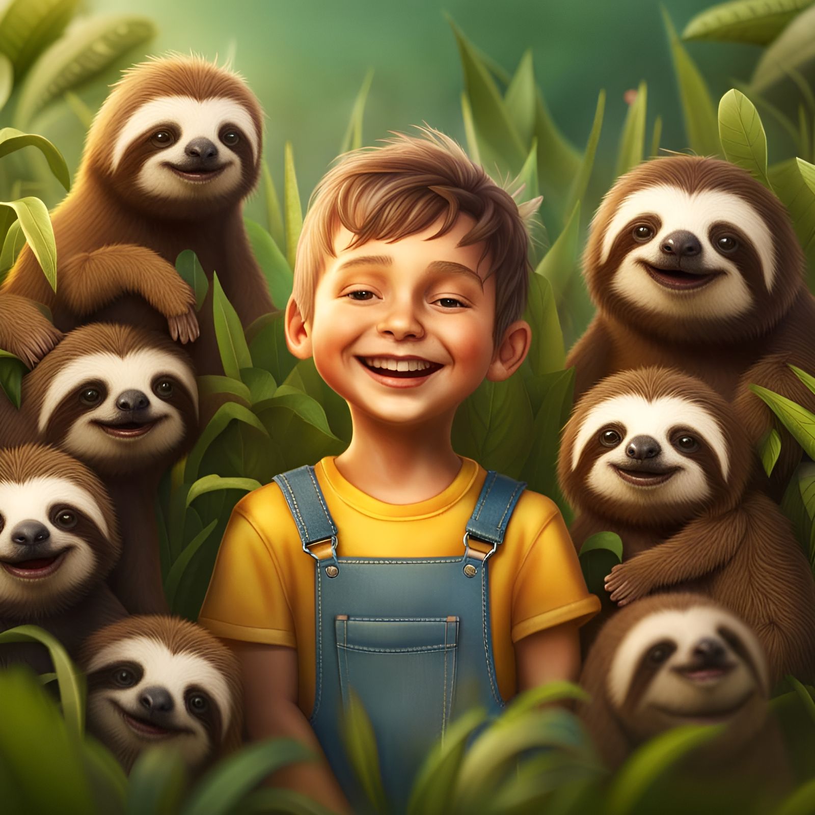 A happy boy with and his sloths - AI Generated Artwork - NightCafe Creator