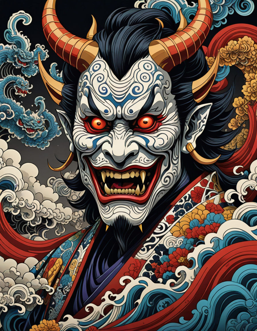 Dark Kabuki Demon in Traditional Japanese Folk Art... - AI Art