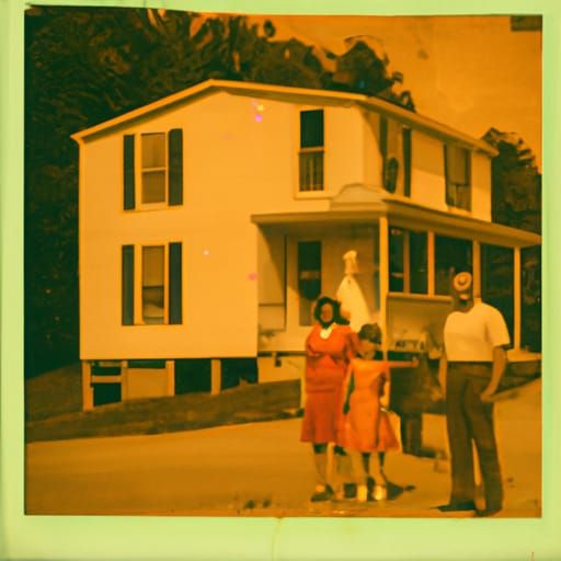 old colorized polaroid photo of a family standing near their two storey ...