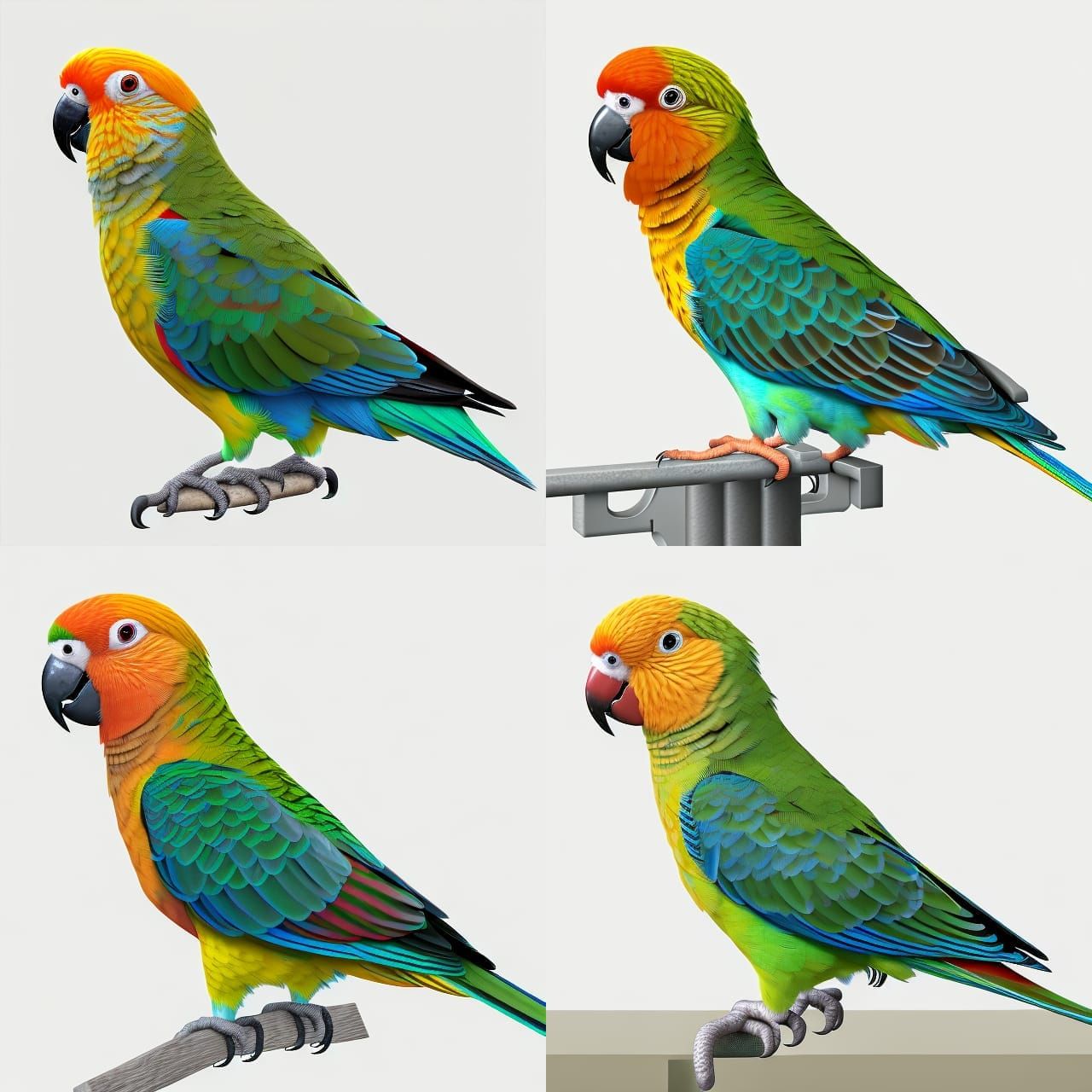 A photorealistic profile full-body shot of a hybrid between a conure ...