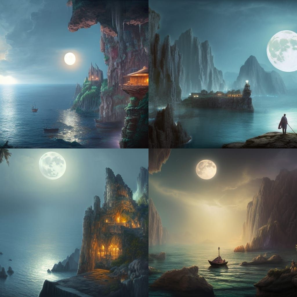 A moonlight boat ride next to a cliff with a magical caste on top - AI Generated Artwork ...