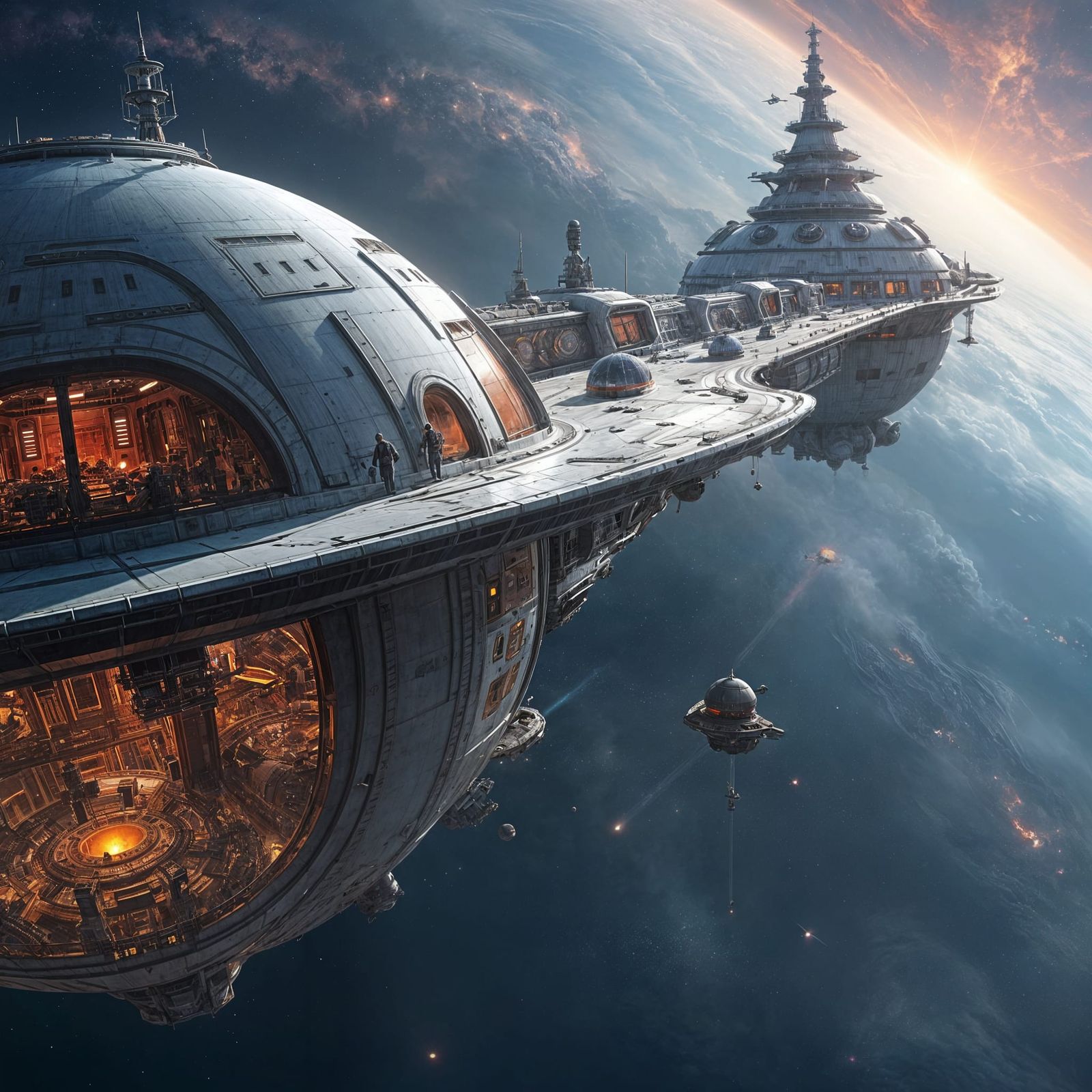 A futuristic orbiting space port facility, covered large observation ...