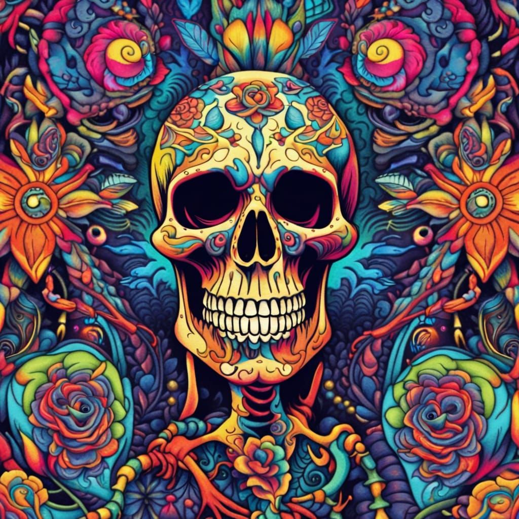 Psychedelic colourful creative skeleton, full skal - AI Generated ...