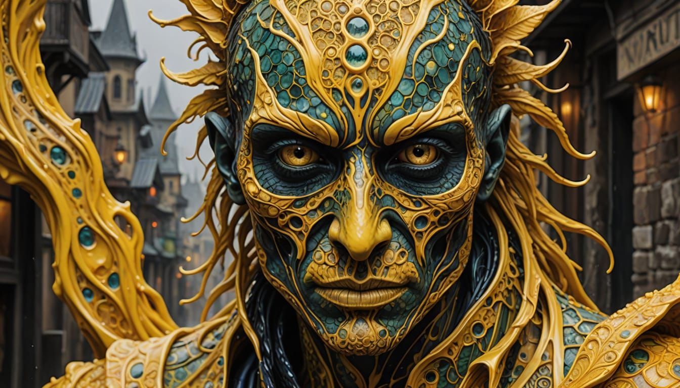 Acrylic Pour Art of Scaly Humanoid with Yellow Fab... - AI Art