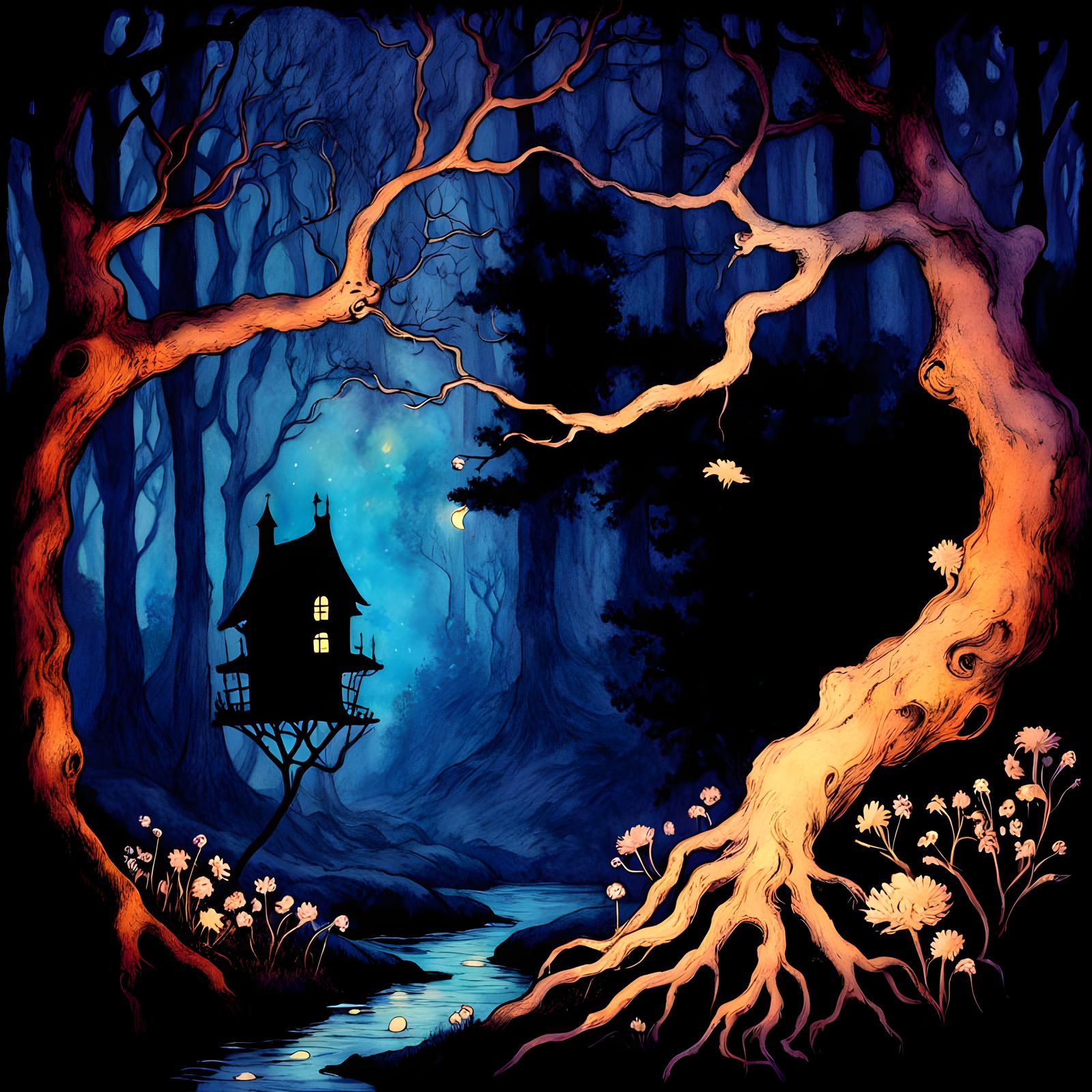 Fantasy fairy house, enchanted forest, by arthur rackham