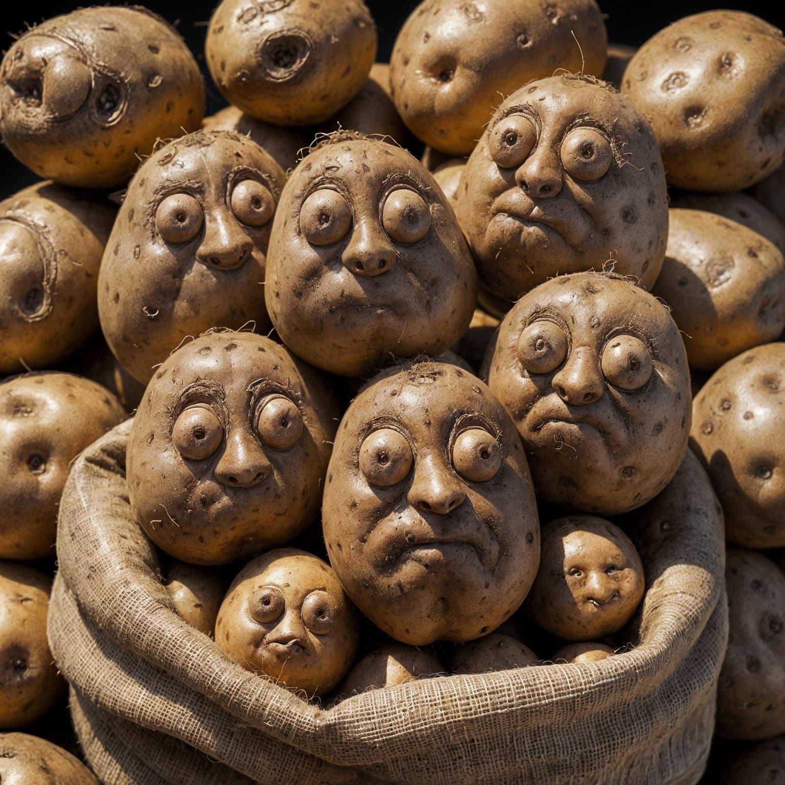 Photorealistic Potatoes Form Grumpy Face in Burlap... - AI Art