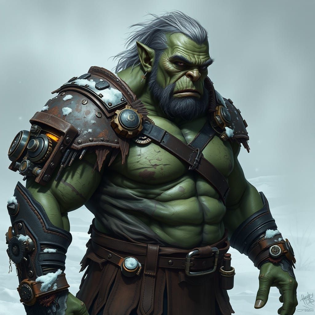 Cybernetic Orc in Winter Landscape, Digital Painti... - AI Art