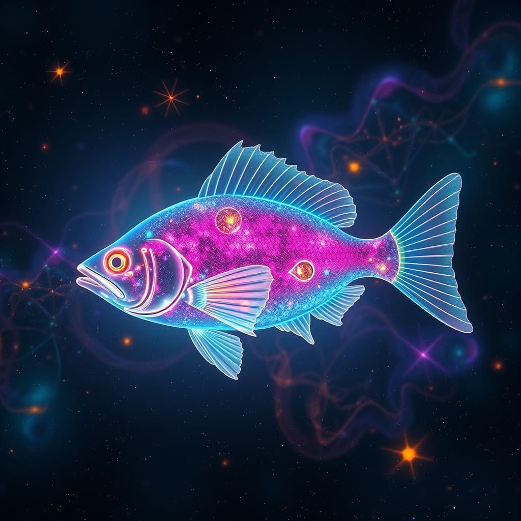 glowing fish - Luminous Aquatic Cosmos in Vibrant Holograph...