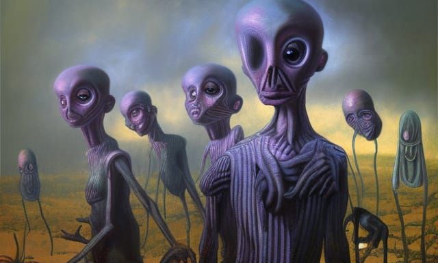photorealistic matte painting of group of alien cartoon characters ...