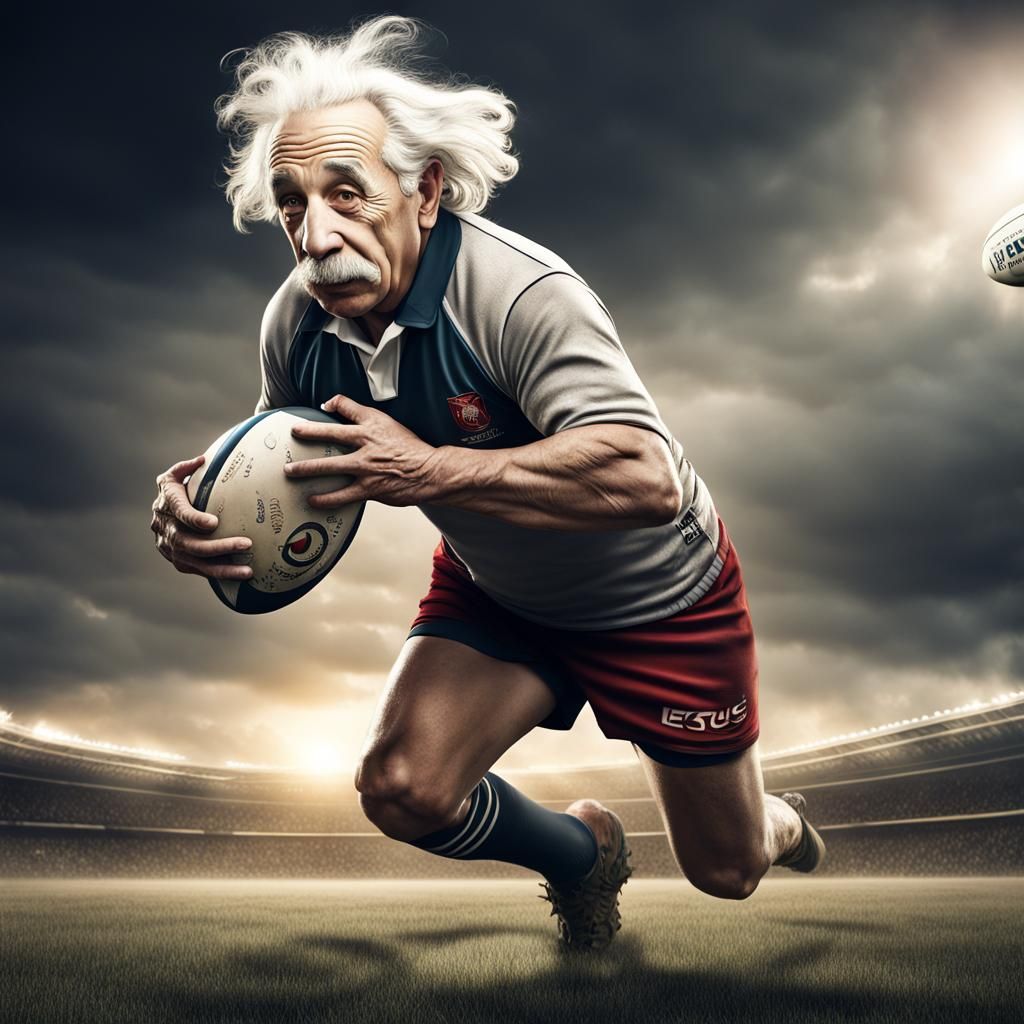 Einstein playing rugby. - AI Generated Artwork - NightCafe Creator
