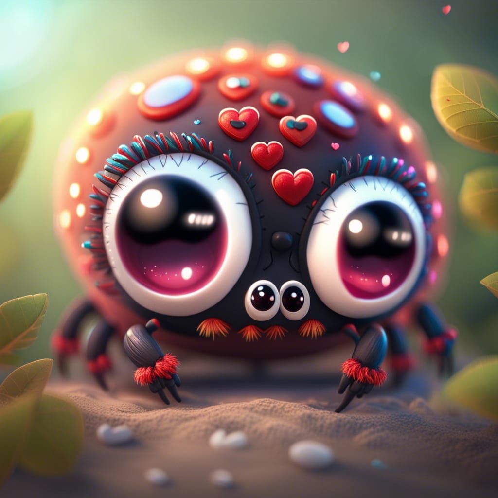 An adorable baby spider with big sparkly eyes, four eyes, eight legs ...