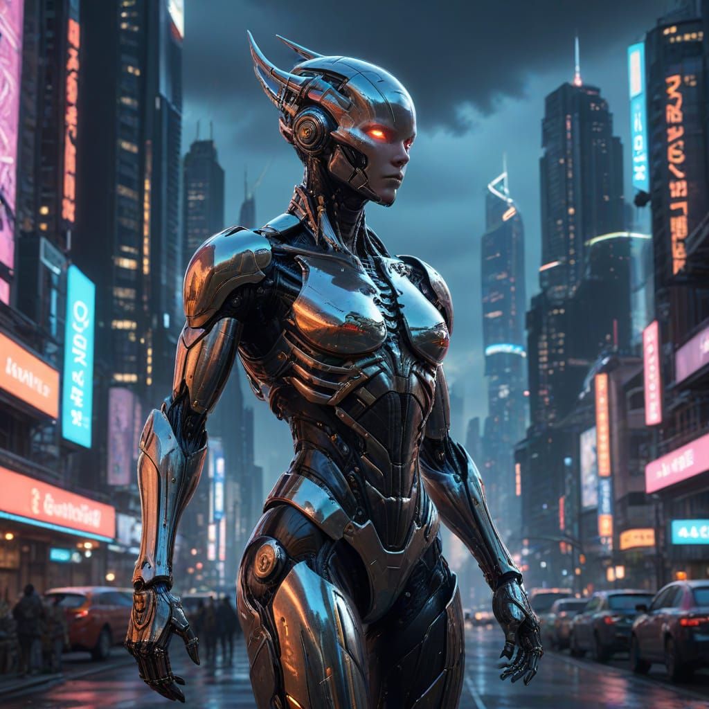 Futuristic Asari - Cyborg Warrior in Neon Cityscape, Inspire...