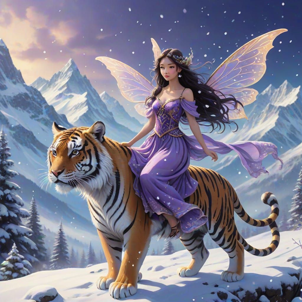 Magical Fairy Rides Majestic Tiger Through Snowy M... - AI Art