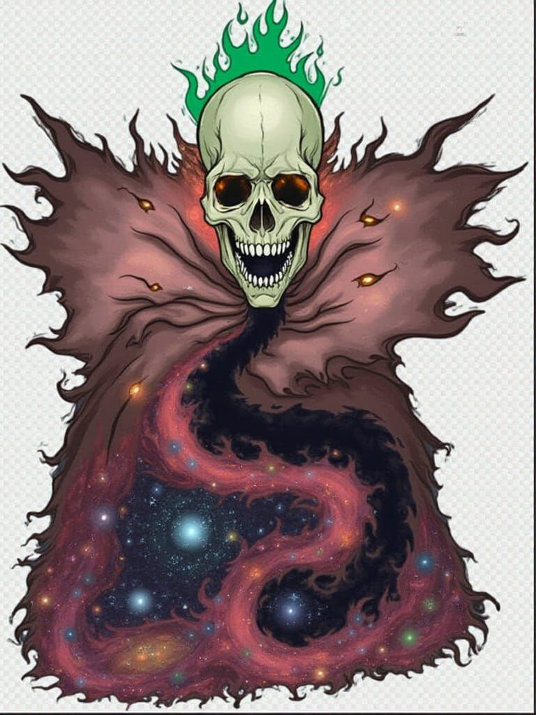 form of dread - Gothic Skull in Emerald Flames, Cosmic Cloa...