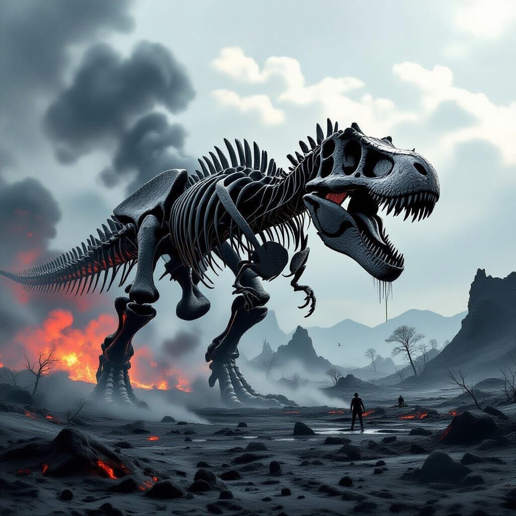 Dark surreal horror paleoart. A massive, skeletal Tyrannosaurus Rex ...