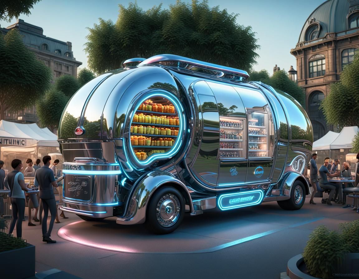 A futuristic small Bugatti small round fantasy lunch server truck ...