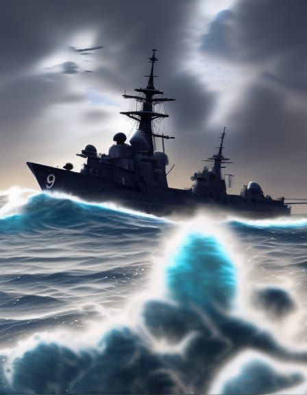 Navy Destroyer in the high sea, detailed matte painting, deep color ...