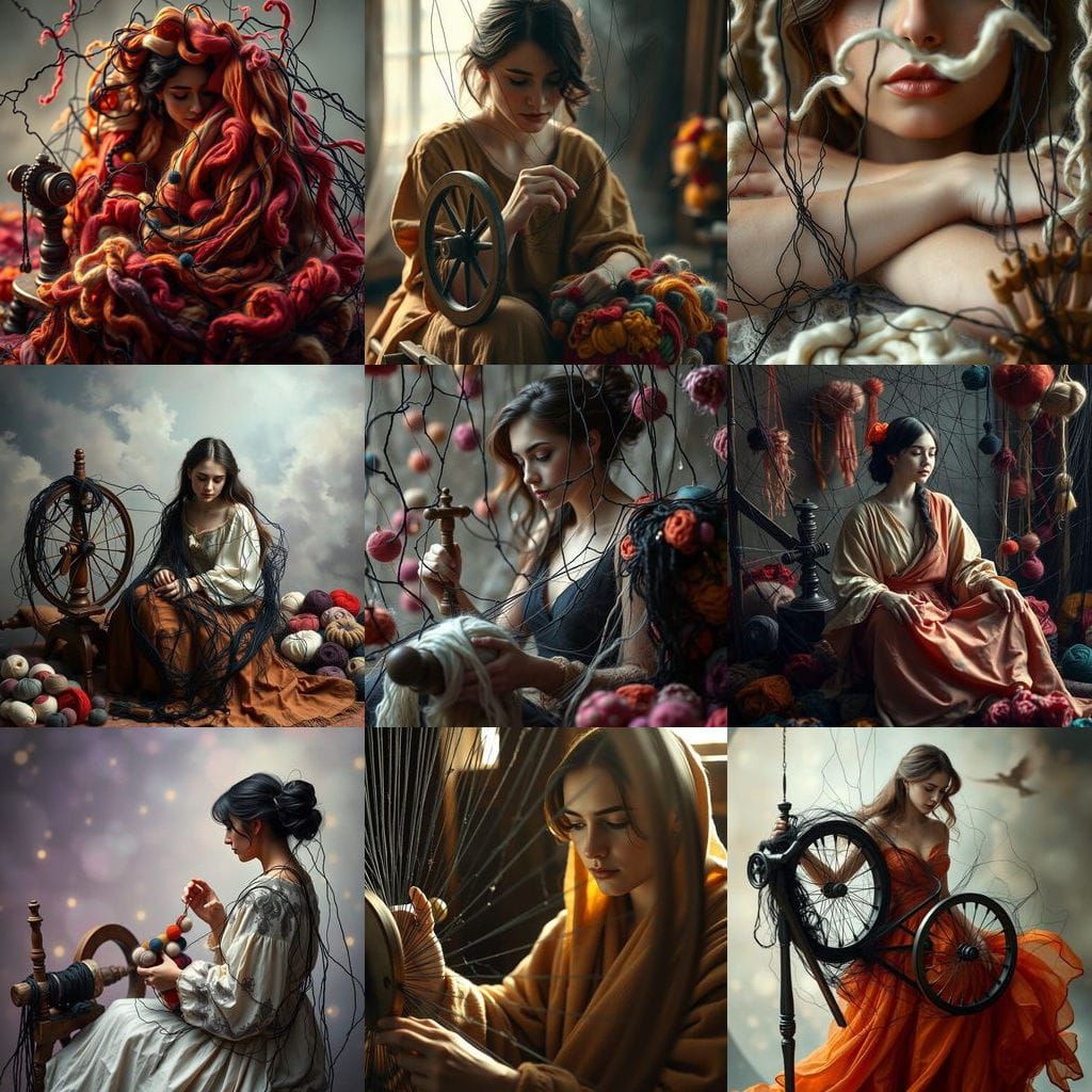 Unraveling colorful felted wool art of a ,woman with a spinning wheel ...