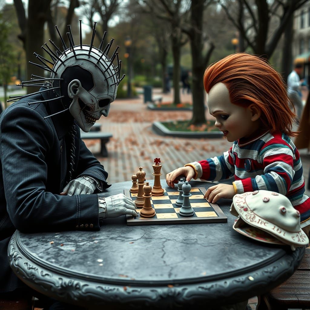 Pinhead and Chucky Engage in Chess Match Under New... - AI Art