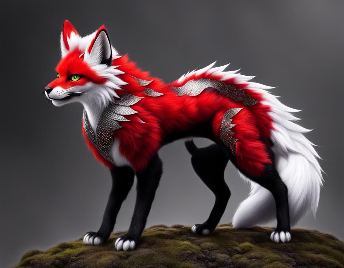 Cat-fox-dragon hybrid with red and black fur and silver scales - AI ...