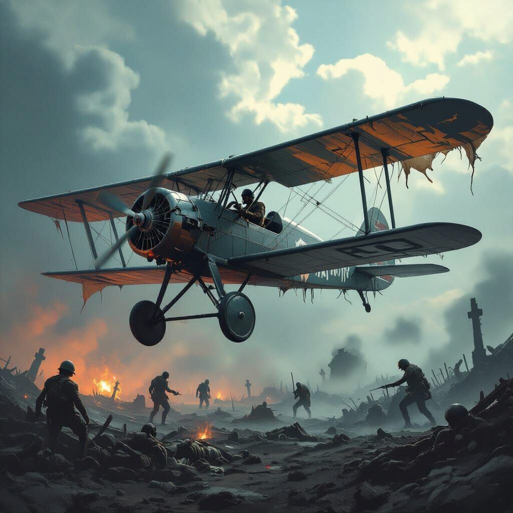 Spectral Biplane Soaring Over Haunted Battlefield - AI Art