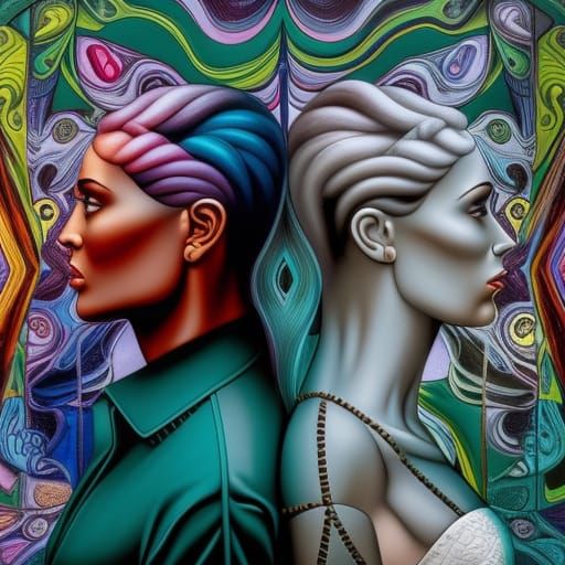 Split portrait of two heads dichotomy of colour vs black and white ...