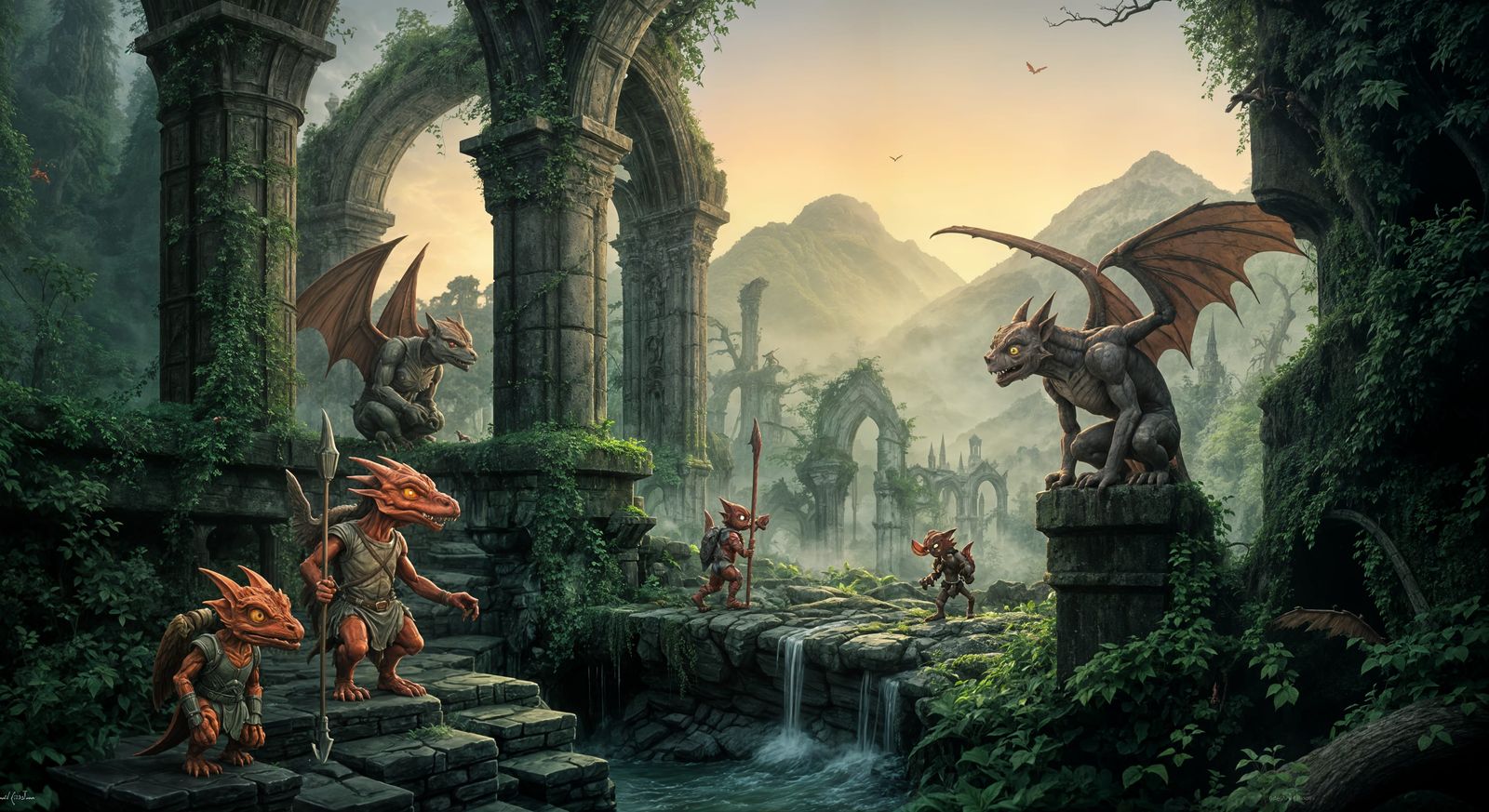 Kobolds and Gargoyles - Fantasy Ruin Scene in Acrylic Art