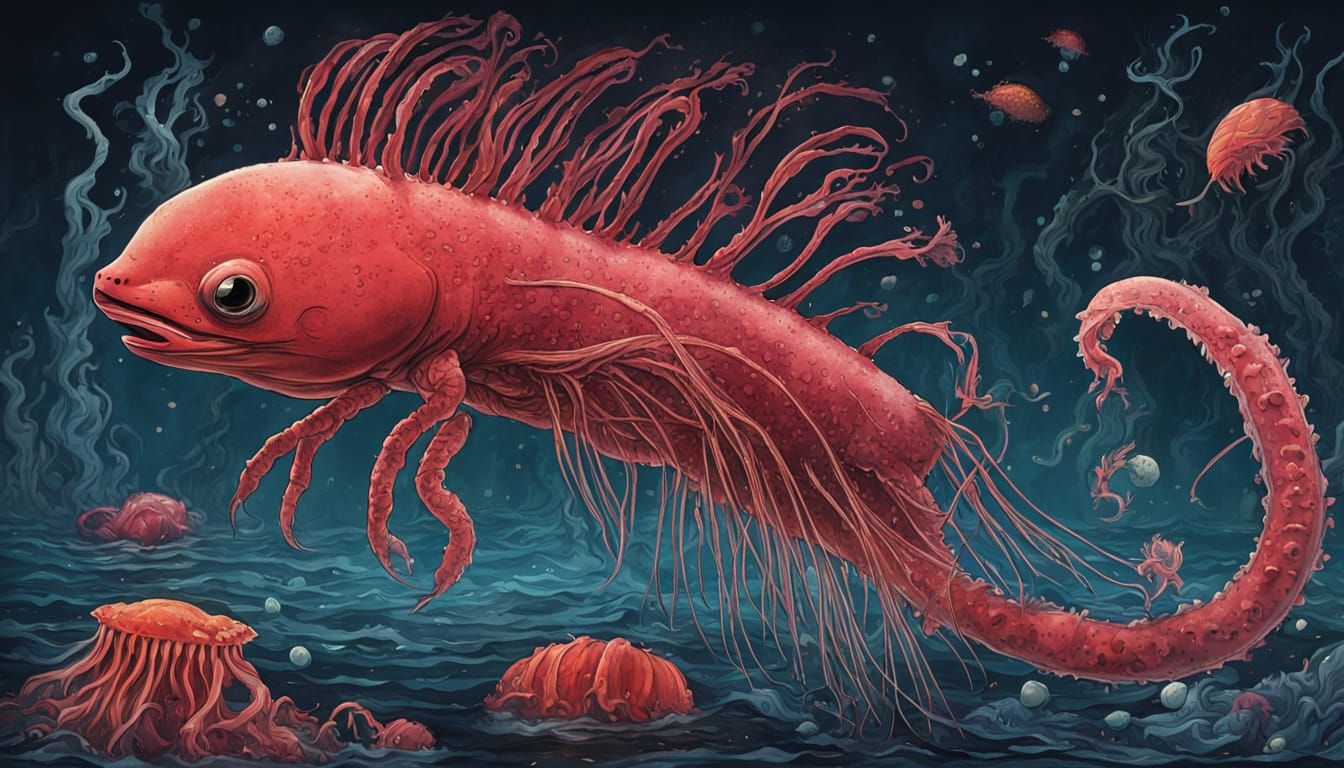 A dramatic scene of an axolotl battling a giant, bioluminescent ...