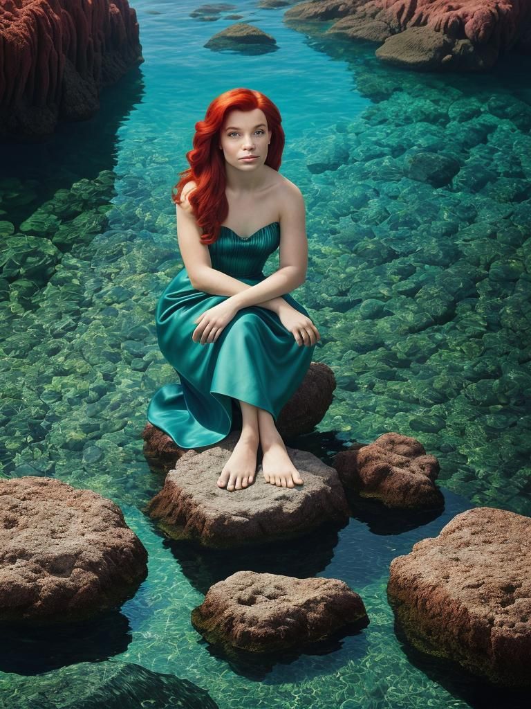 Ariel, the little mermaid, sitting on rocks - AI Generated Artwork ...