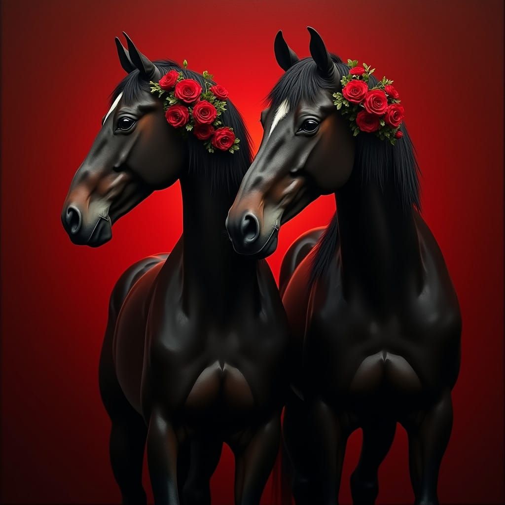 Royal Roses - Majestic Horses Adorned with Red Roses in Luxu...