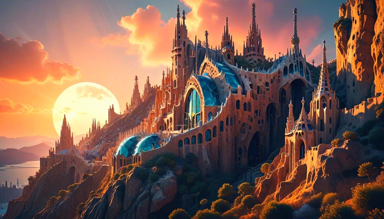 Red Stone city - Futuristic Gaudi Cityscape at Sunset