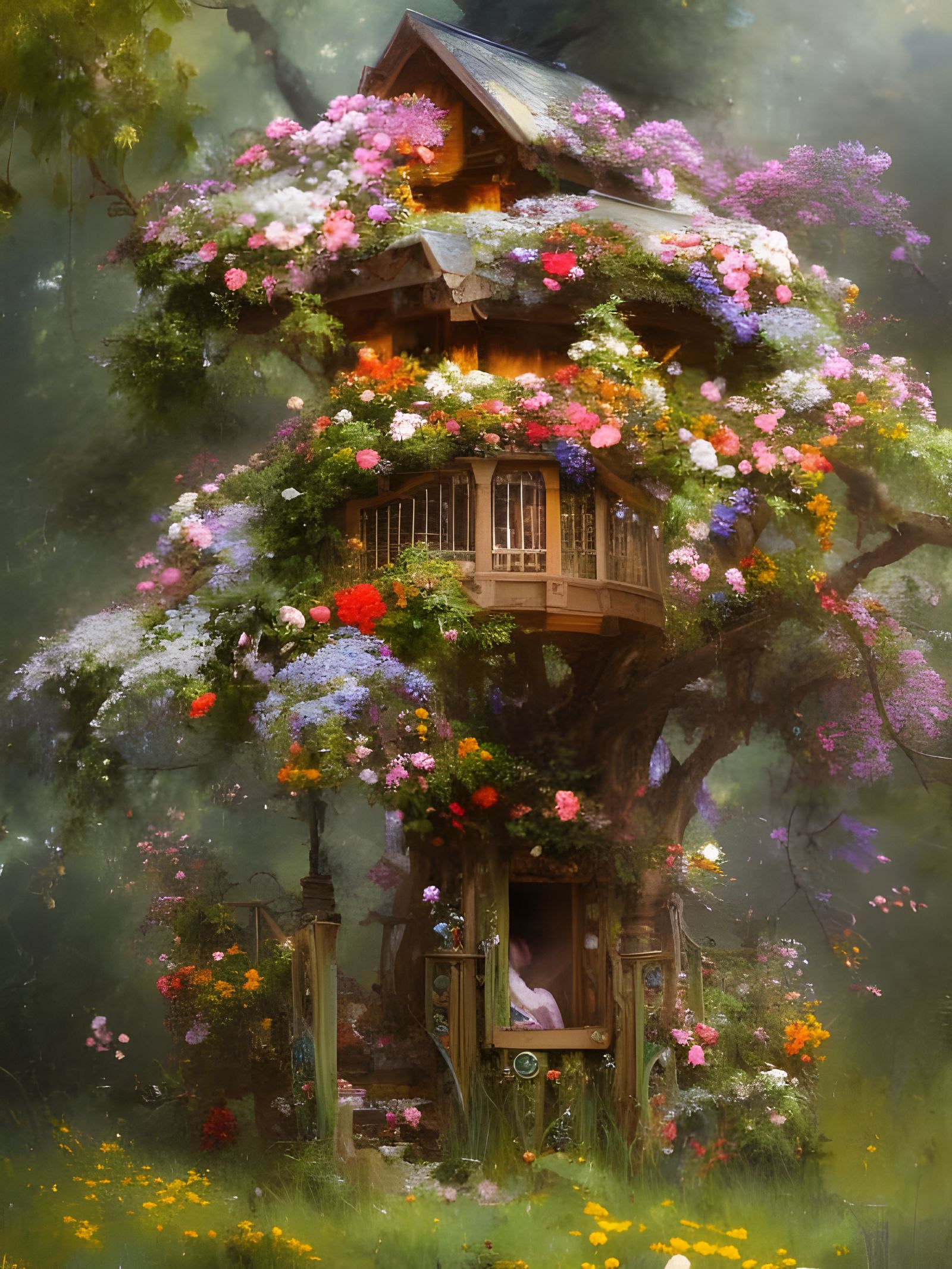 Treehouse Covered in Flowers V2 - AI Generated Artwork - NightCafe Creator