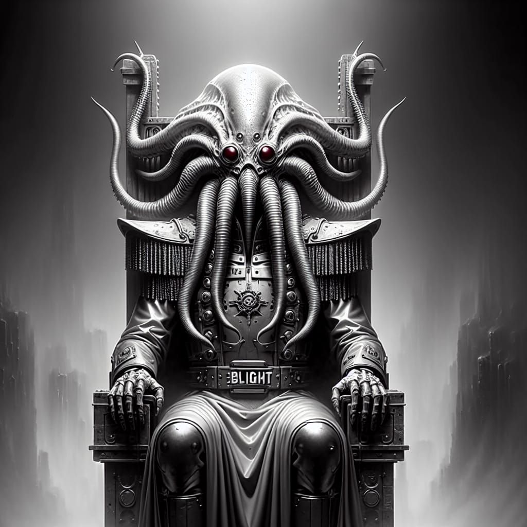 Surreal Alien Space Marine Seated on Throne in Gra... - AI Art
