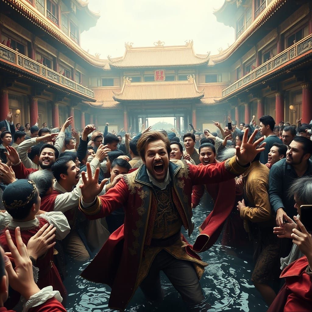 Baroque-inspired Crowd in Opulent Palace Chaos - AI Art