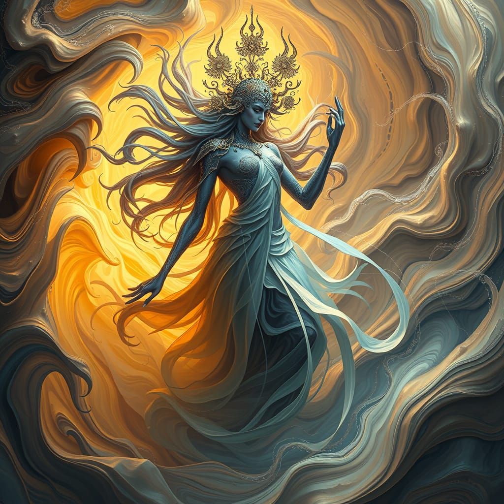 “Abstract depiction of a shapeshifting deity, fluid lines and morphing ...