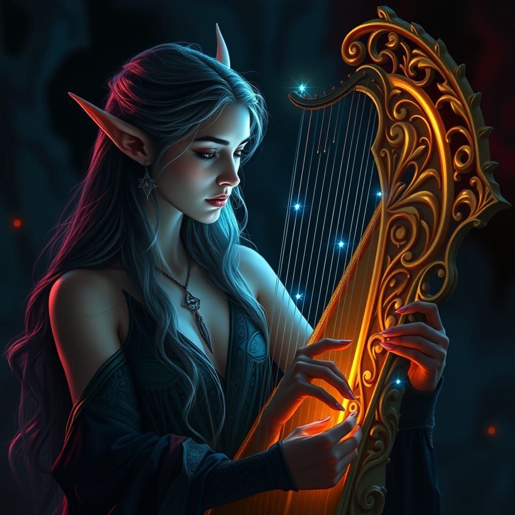 Ethereal Elven Bard Plays Glowing Harp in Shadowy ... - AI Art