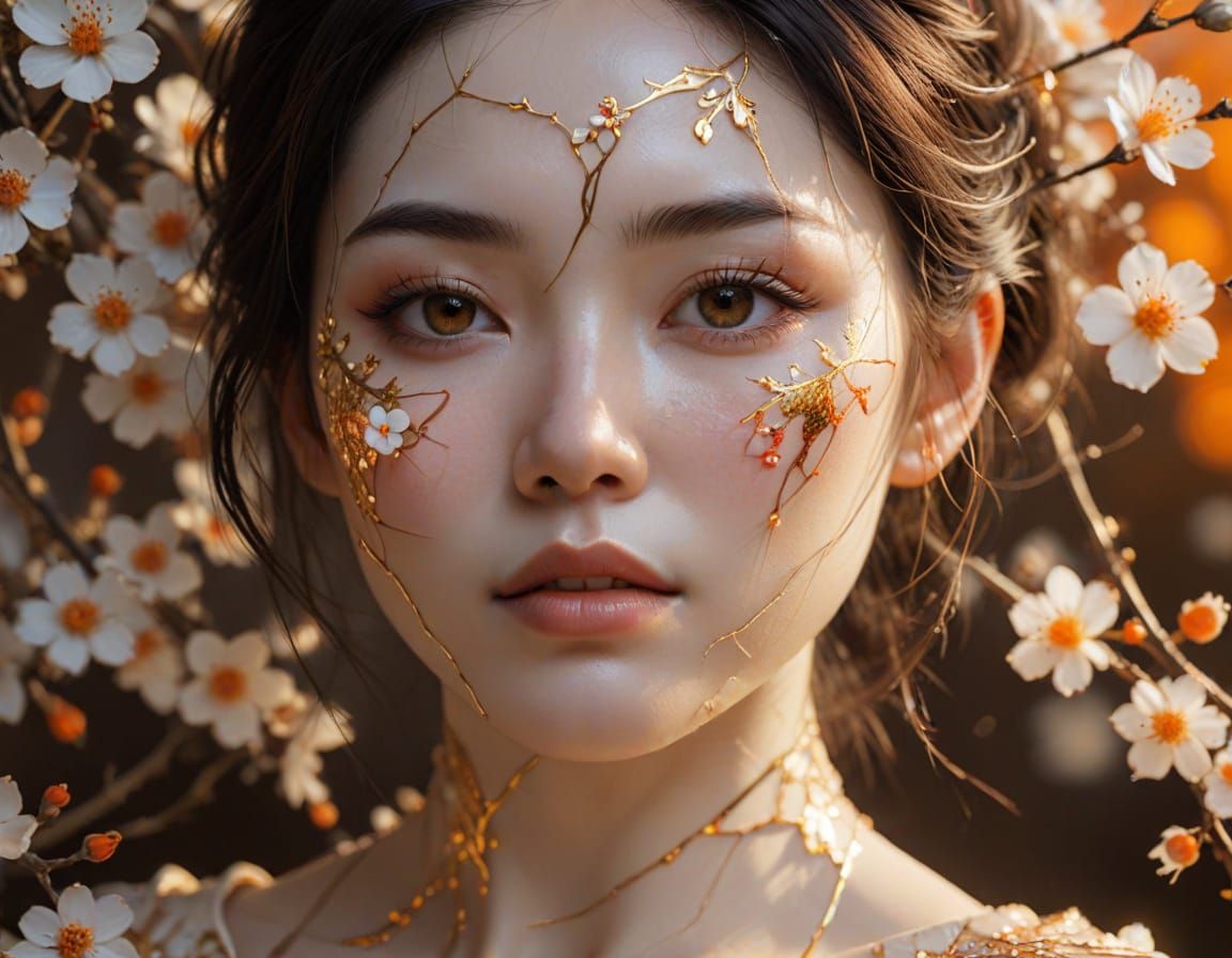 Kintsugi Woman with Porcelain Skin and Blossoms - AI Art