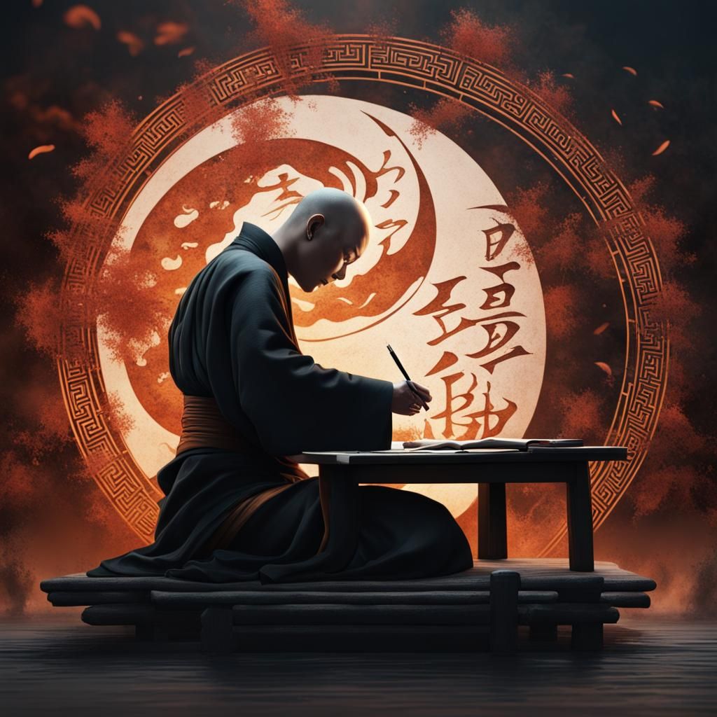 Monk writing the Yin yang sign - AI Generated Artwork - NightCafe Creator